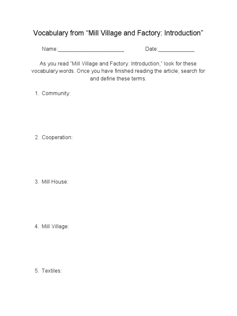 The Mill Village Vocabulary | PDF