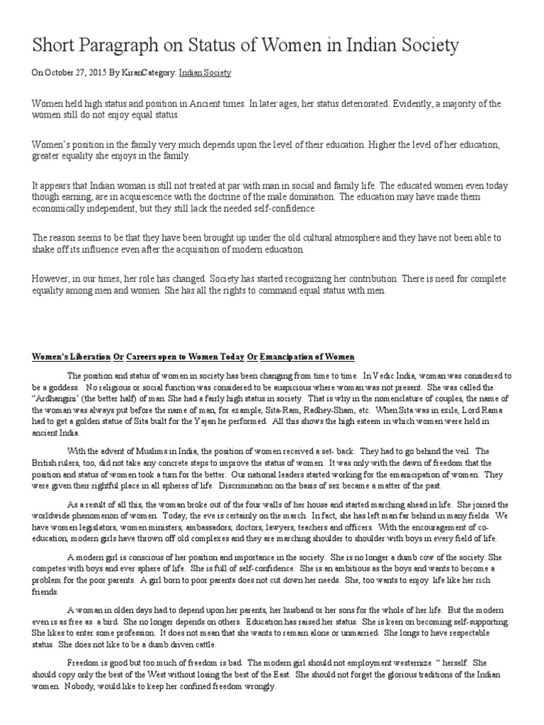Short Paragraph On Status of Women in Indian Society | PDF | Women's ...