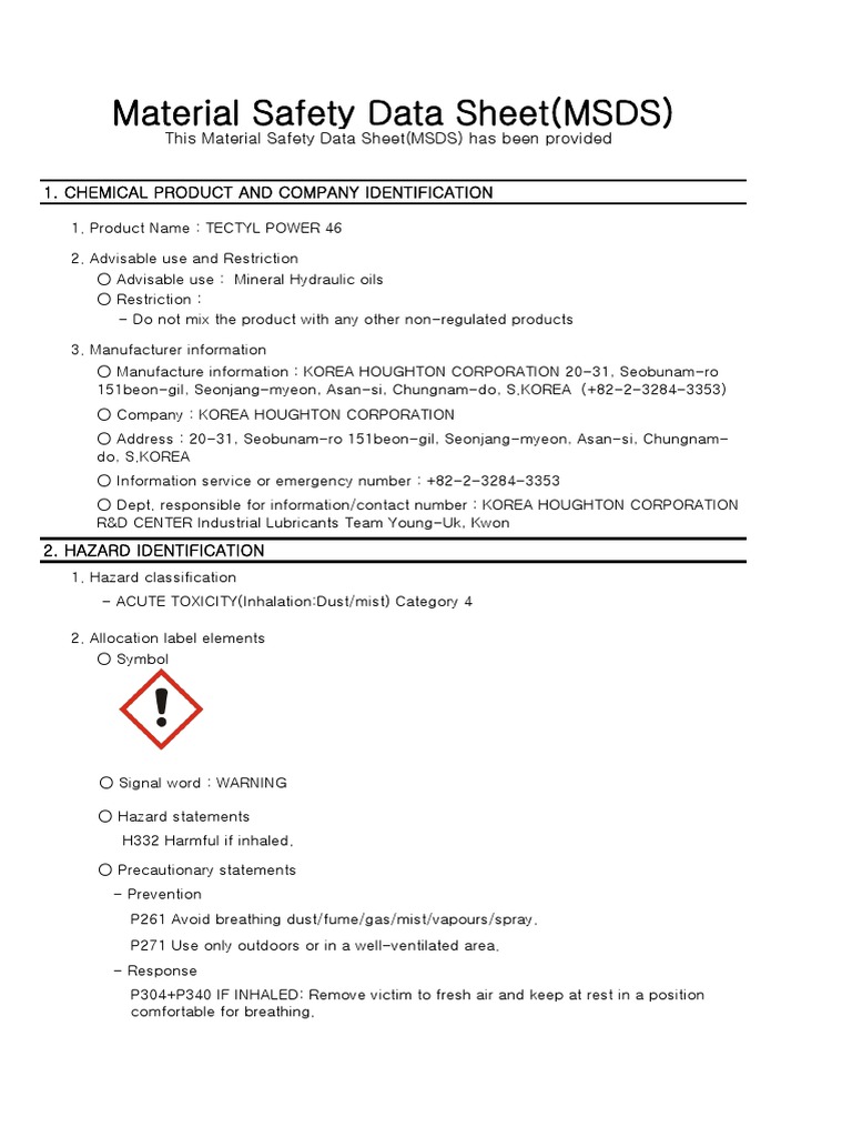 MSDS - Hydraulic Oil | PDF | Toxicity | Fires