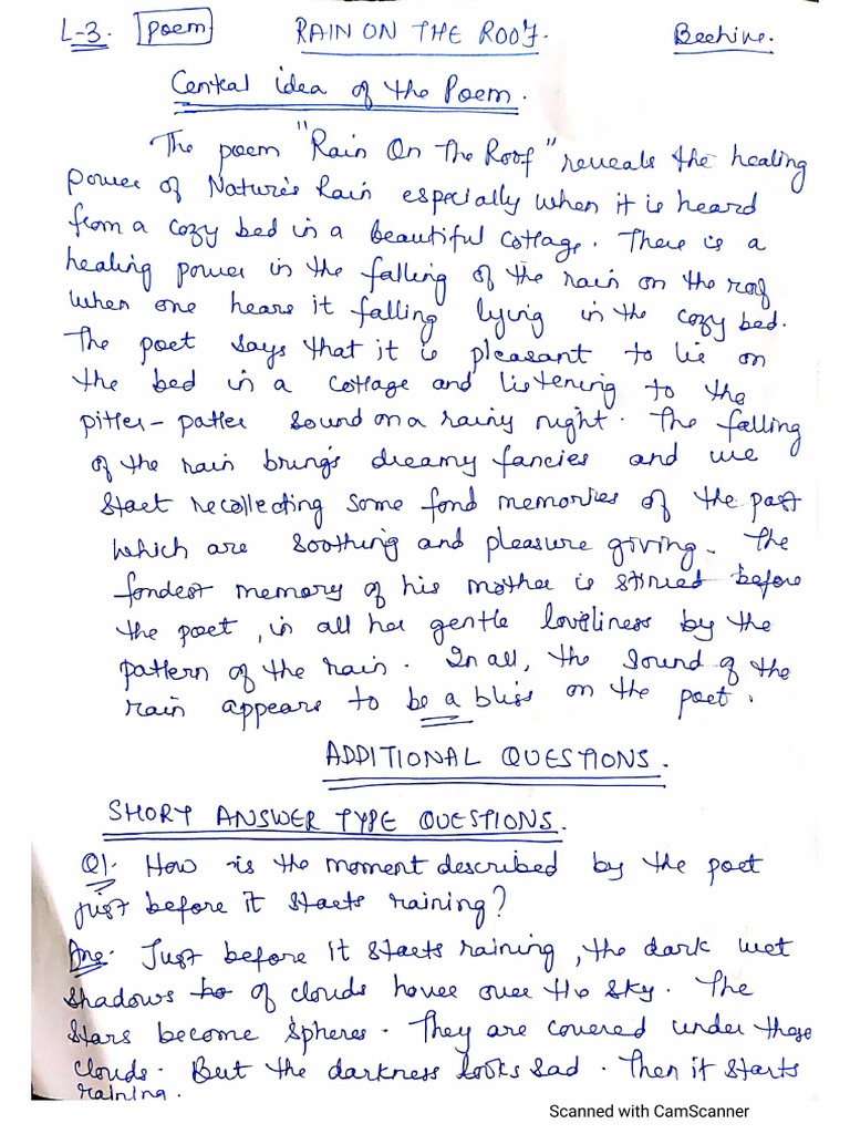 Rain On The Roof CLASS 9 NOTES | PDF