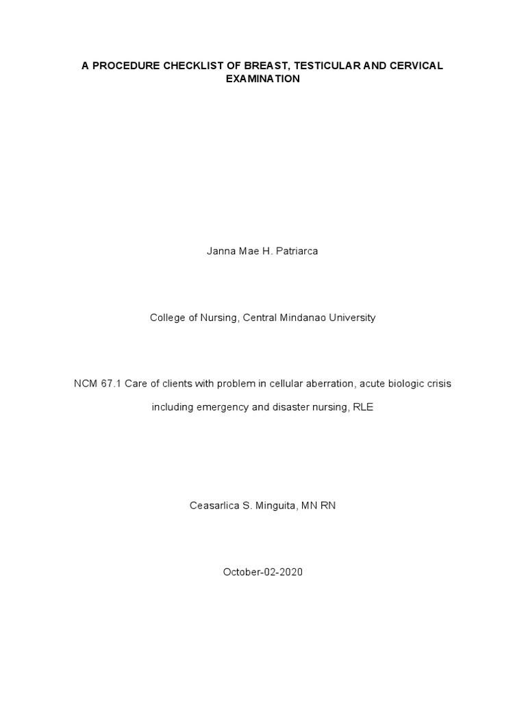 Breast, Testicular and Cervical Examination Checklist | PDF | Vagina ...