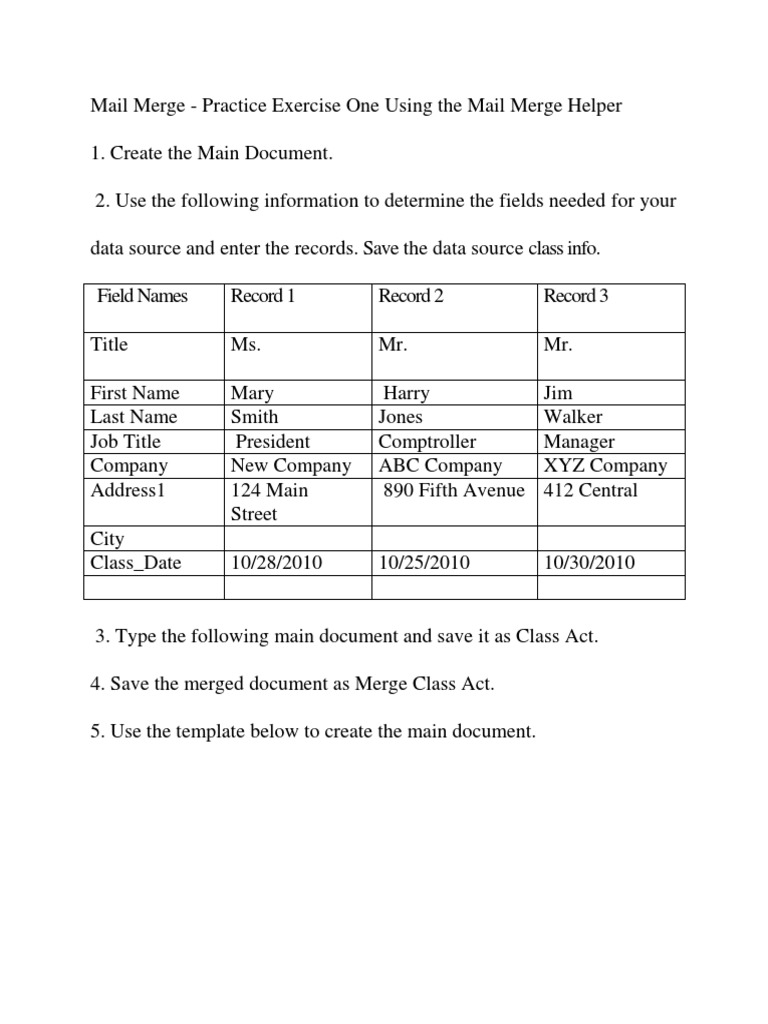 Mail Merge - Practice Exercise One Using PDF | PDF