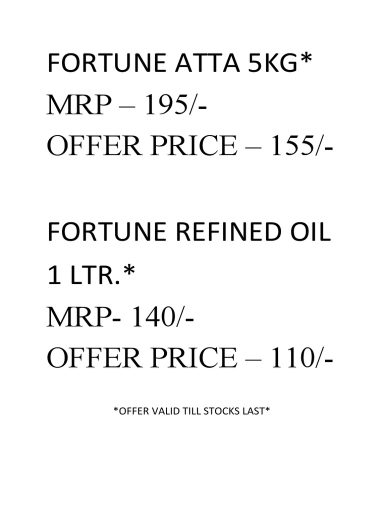 Fortune Atta 5Kg MRP - 195/-Offer Price - 155/ - Fortune Refined Oil 1 ...