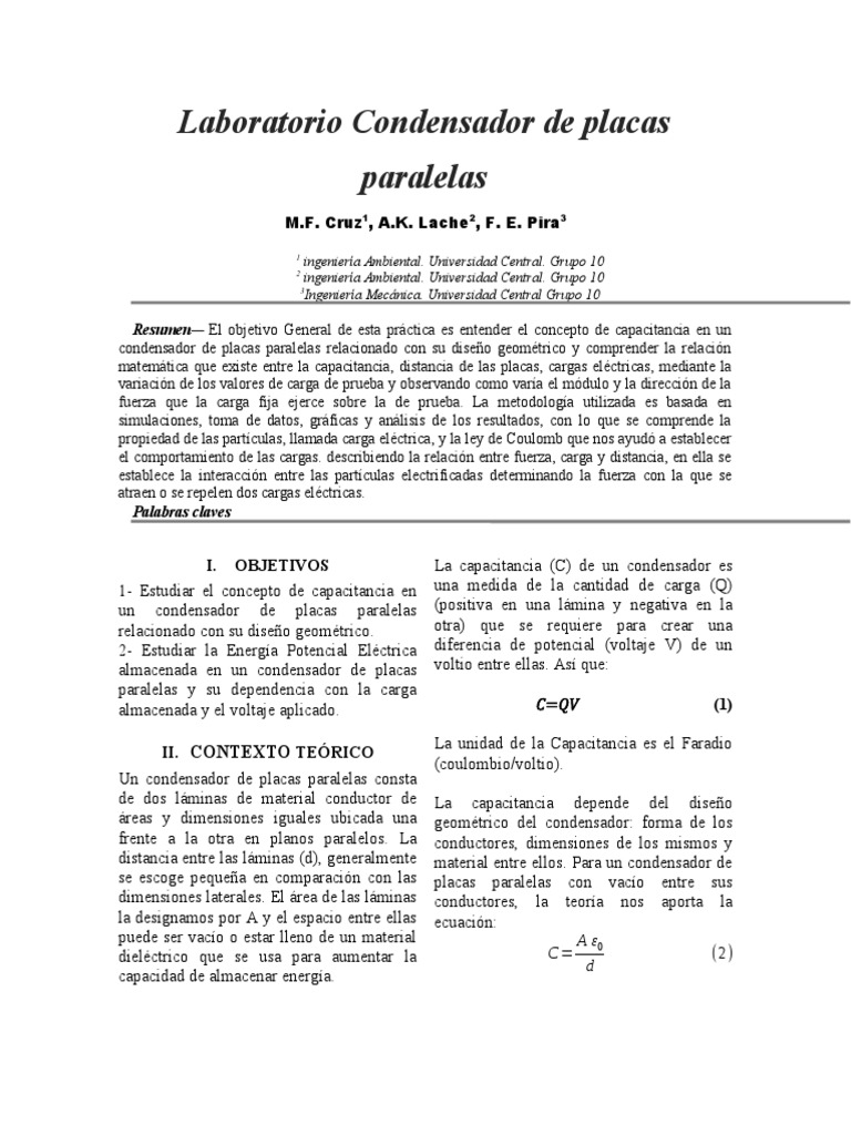 Laboratorio Condensador de Placas Paralelas | PDF | Capacidad | Condensador