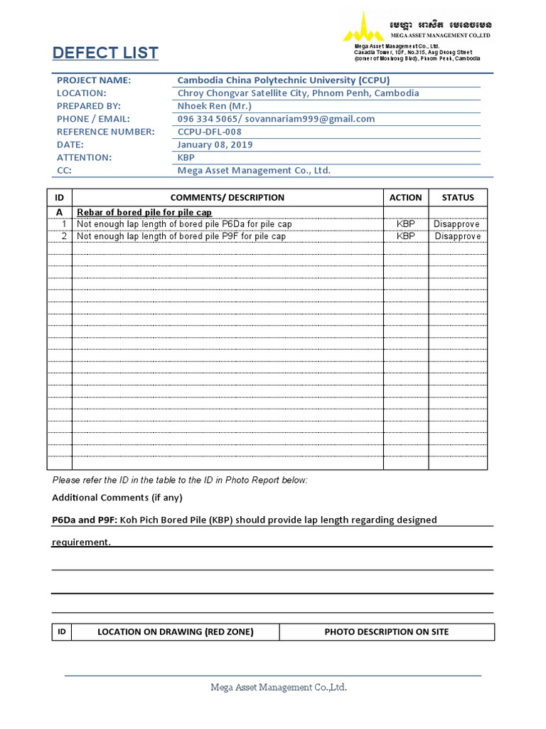Defect List: Project Name: Cambodia China Polytechnic University (CCPU ...