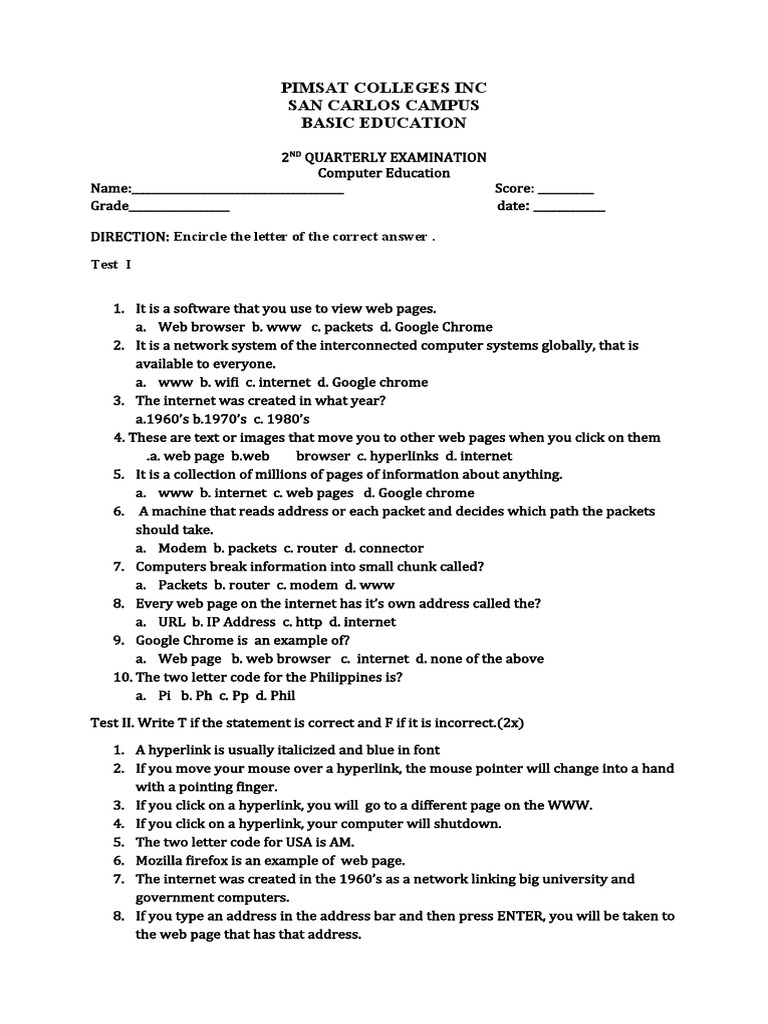 Grade 9 Examination | PDF | Hyperlink | World Wide Web