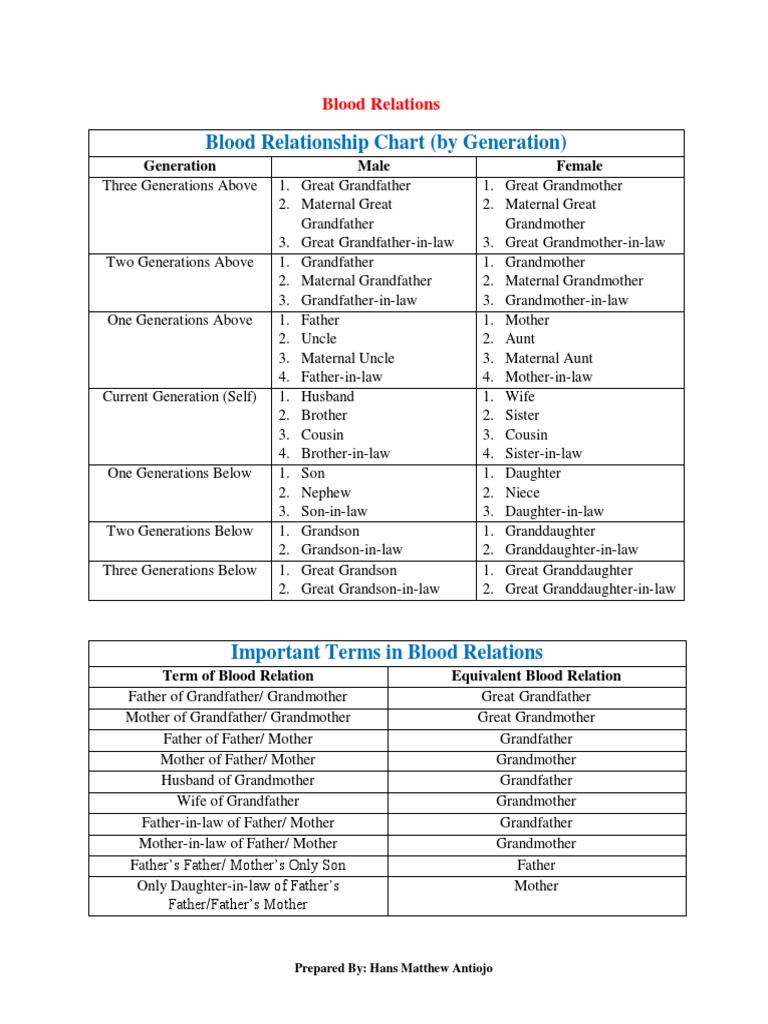 Blood Relationship Chart (By Generation) | PDF | Family | Kinship And ...