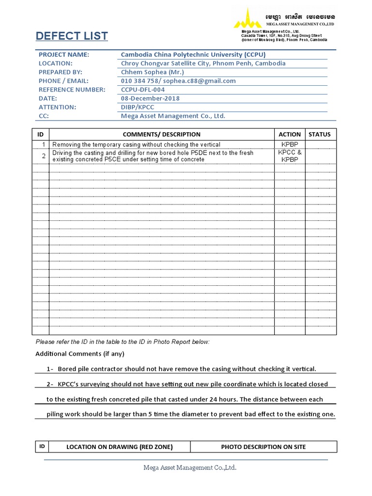 Defect List: Project Name: Cambodia China Polytechnic University (CCPU ...