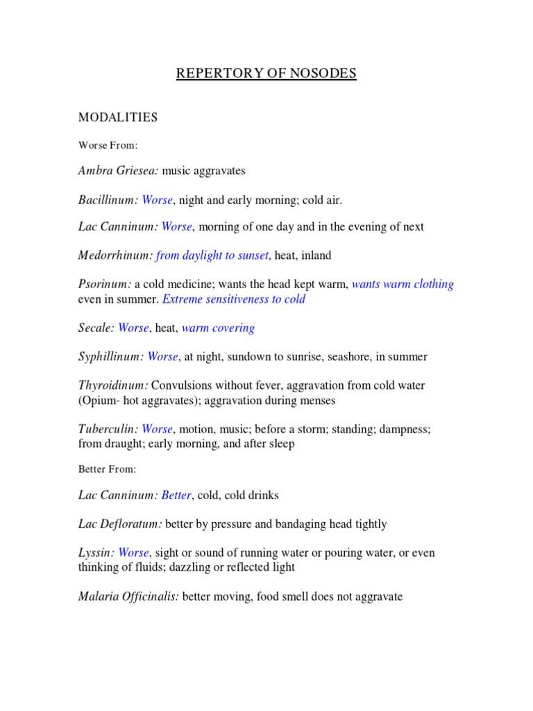 Nosodes Repertory: Modalities & Symptoms | PDF | Cough | Menstruation