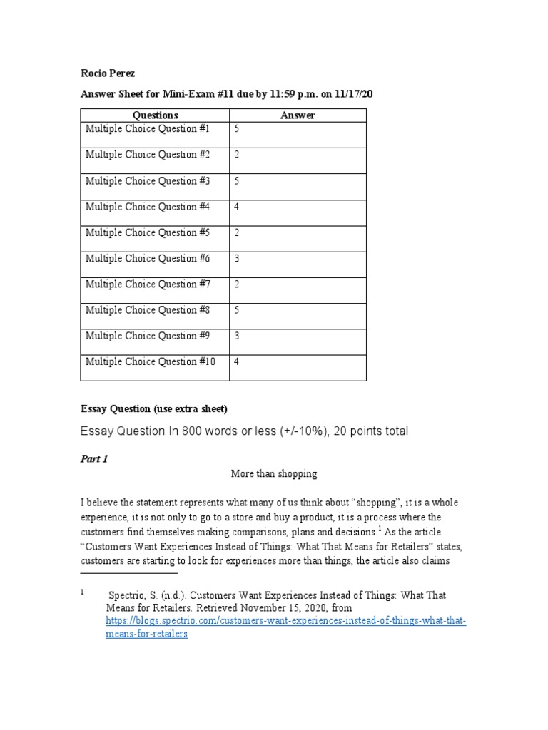 Answer Sheet For Mini-Exam #11 Due On 111720 | PDF | Retail | Brand