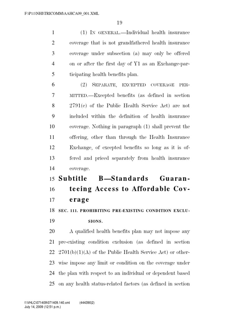 Subtitle B-Standards Guaran-Teeing Access To Affordable Cov - Erage | PDF | Pre Existing ...