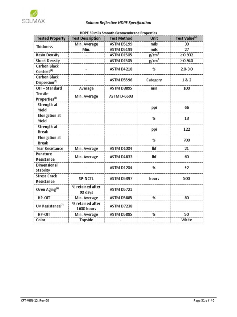 Solmax 30 mil HDPE Geomembrane Specification | PDF | Civil Engineering ...