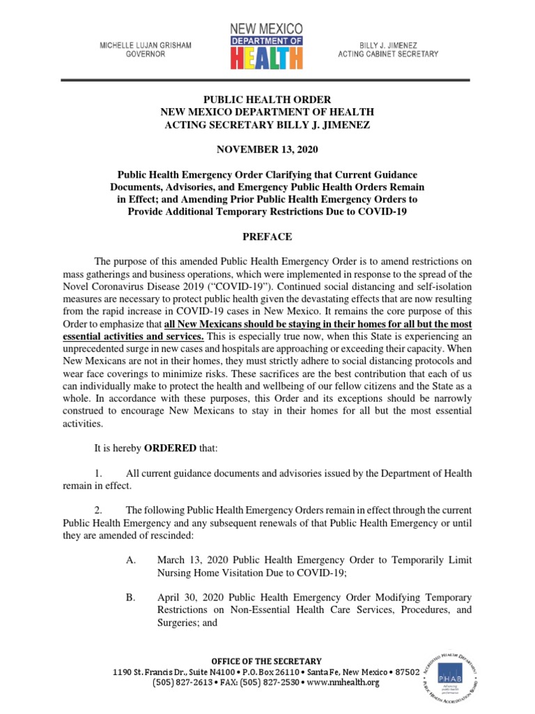 NM Public Health Order - 11/13/20 | PDF | Public Health | Foods
