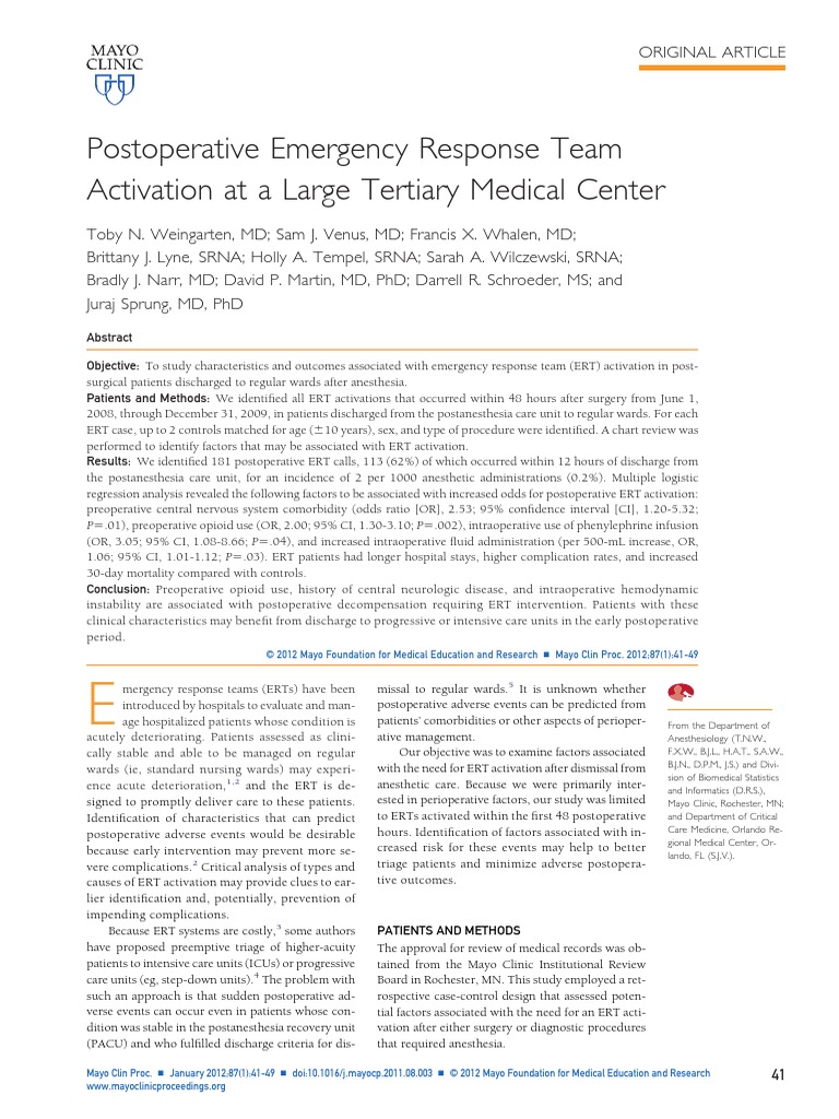 Postoperative Emergency Response Team Activation at A Large Tertiary ...