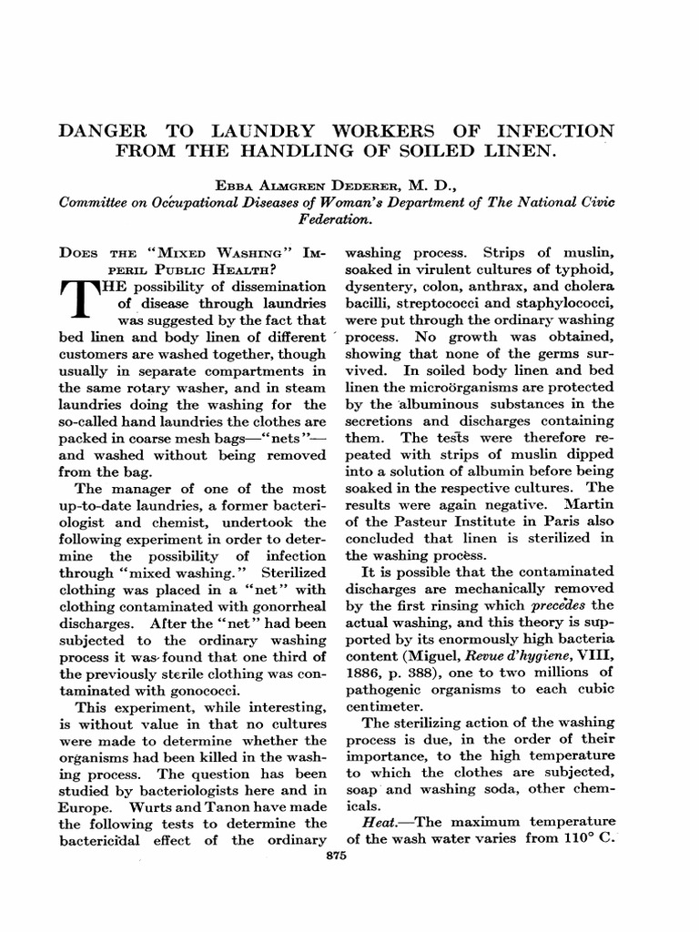 Laundry: Danger TO Workers OF Infection From The Handling of Soiled ...
