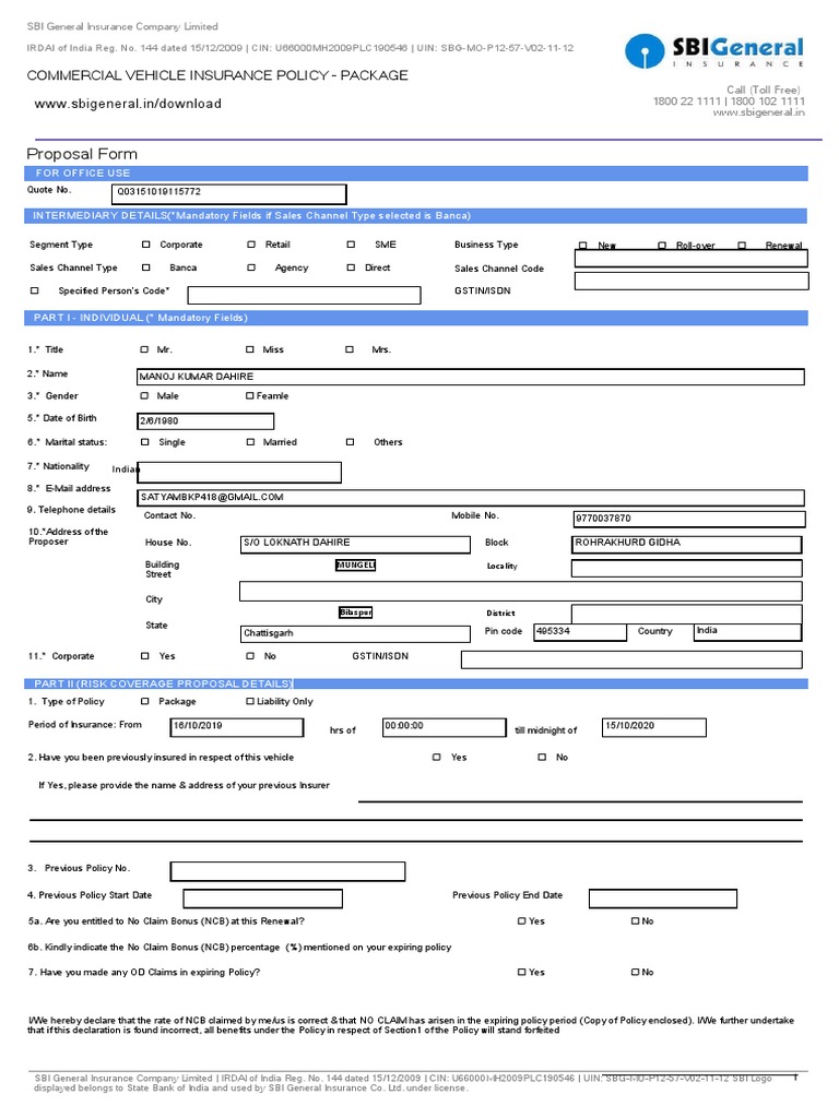 Proposal Form: Commercial Vehicle Insurance Policy - Package WWW ...