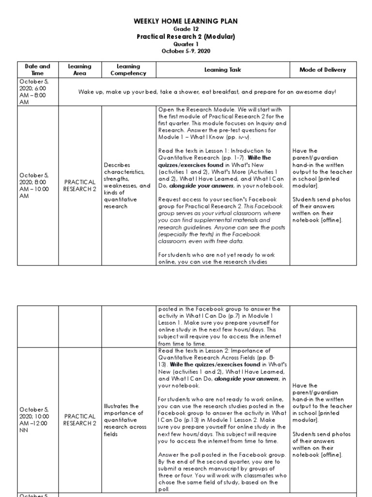 PR2 Weekly Home Learning Plan Modular 2 PDF | PDF | Facebook | Cognition