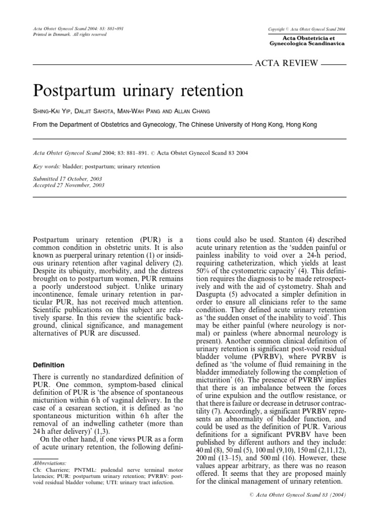Postpartum Urinary Retention: Acta Review | PDF | Urinary Incontinence ...