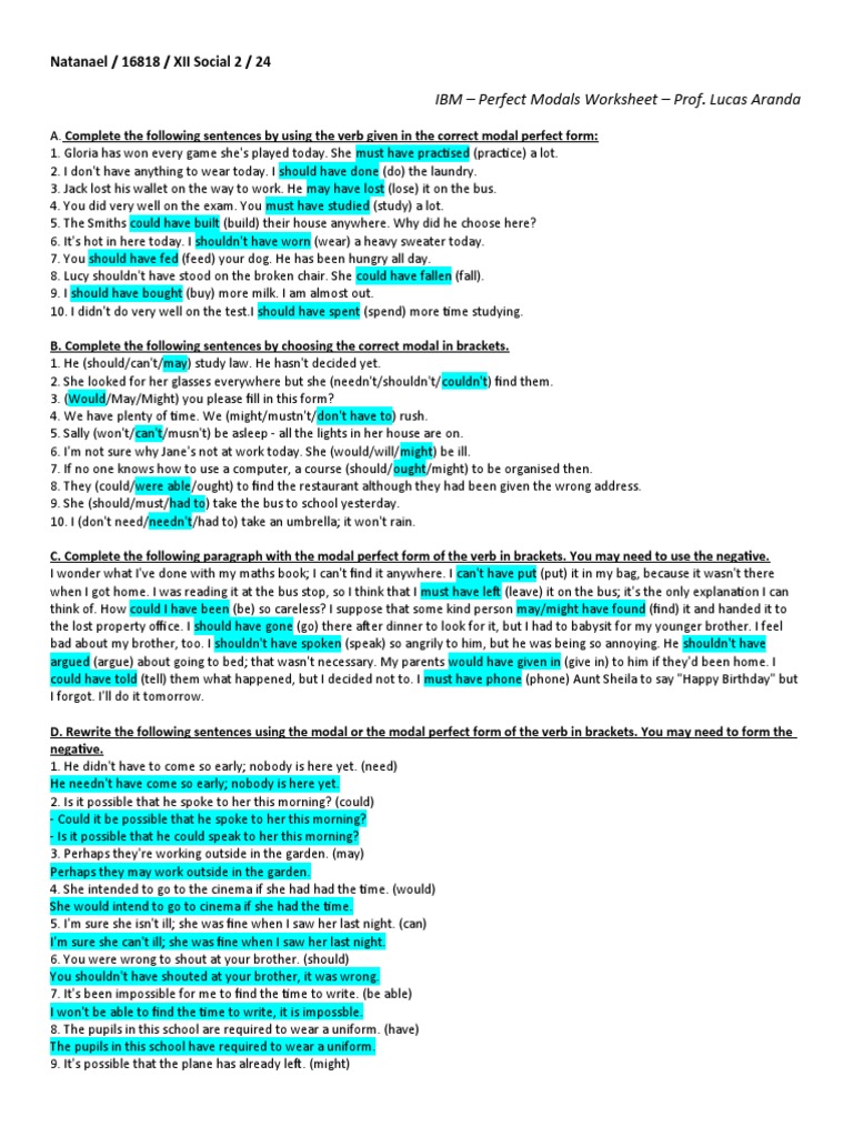 IBM - Perfect Modals Worksheet - Prof. Lucas Aranda: Natanael / 16818 ...