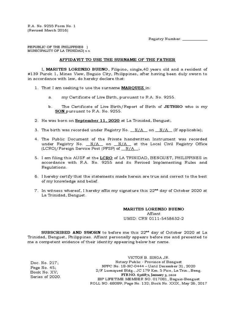 Affidavit To Use Surname of The Father - Marquez | PDF | Affidavit ...