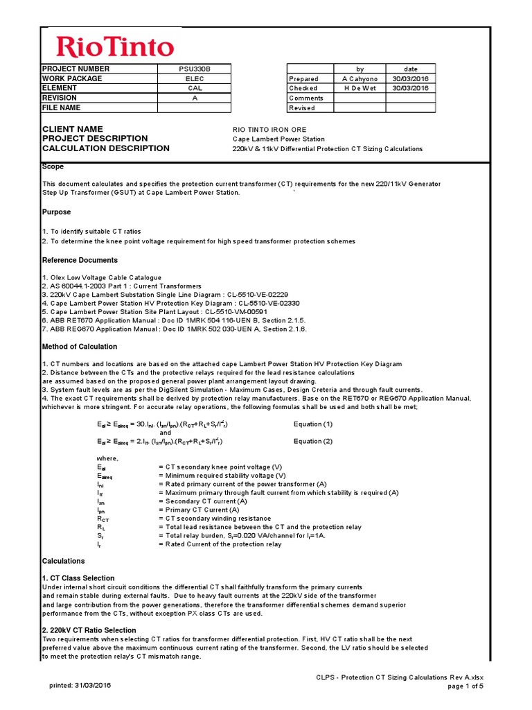 CLPS - 11kV GSUT and GEN Protection CT Sizing Calculation Rev A | PDF