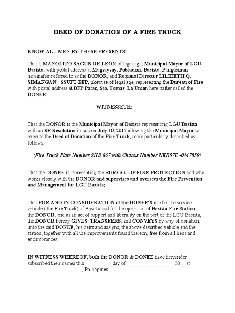 Fire Truck Donation Deed for LGU Basista | PDF