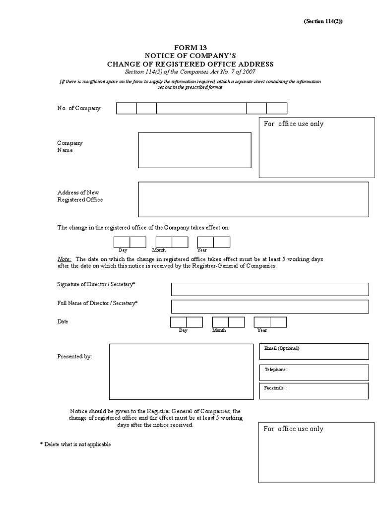 Form 13 Notice of Company'S Change of Registered Office Address | PDF