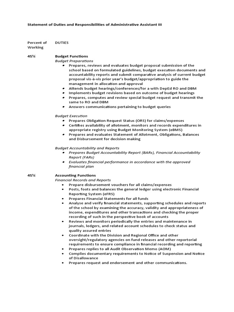 Statement of Duties and Responsibilities of Administrative Office IV | PDF