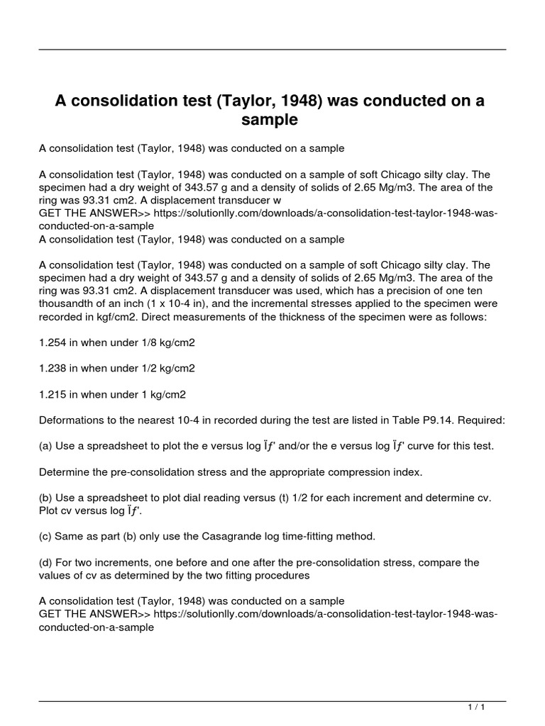 A Consolidation Test Taylor 1948 Was Conducted On A Sample | PDF ...