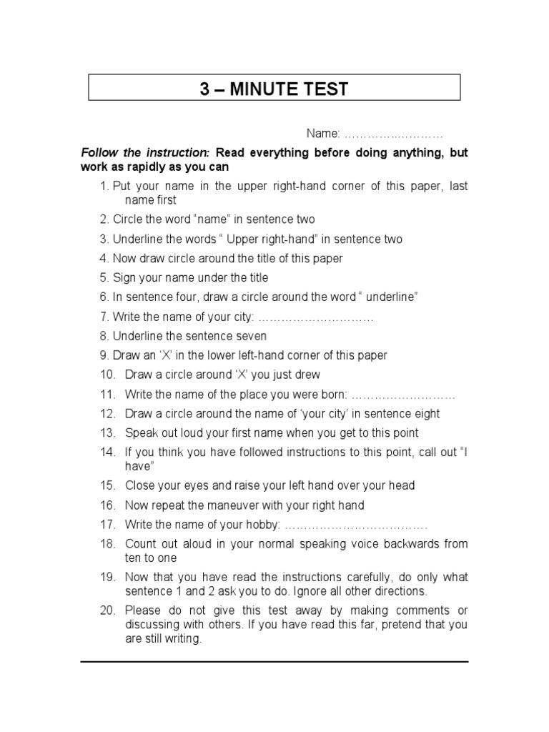 3 - Minute Test: Follow The Instruction: Read Everything Before Doing ...