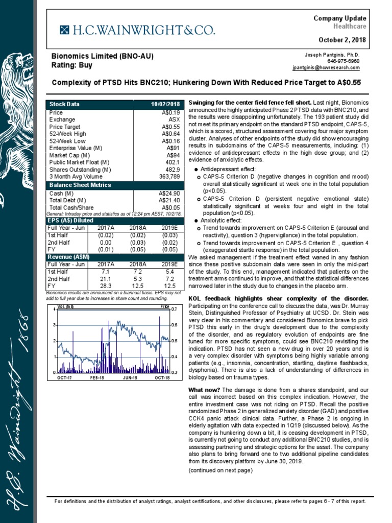 Bionomics Limited (BNO-AU) Rating: Buy Complexity of PTSD Hits BNC210 ...