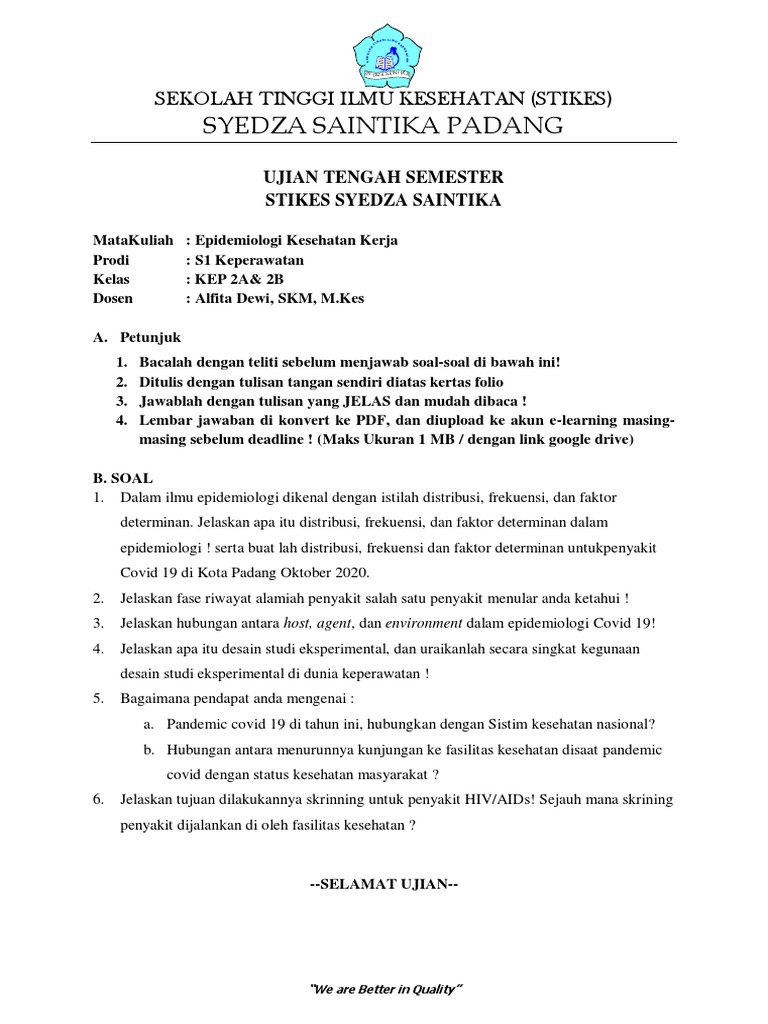 SOAL UTS Epid Kesker 2a 2b | PDF