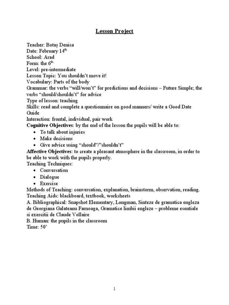 Lesson Project: Cognitive Objectives: by The End of The Lesson The ...