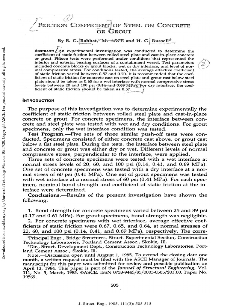 friction Coefficient) of Steel On Concrete: Byb. G.Jrabbat, Mr-Asee and ...