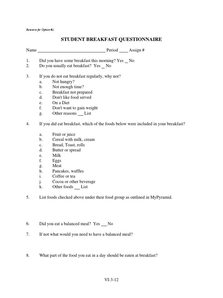 Student Breakfast Questionnaire | PDF | Self-Improvement