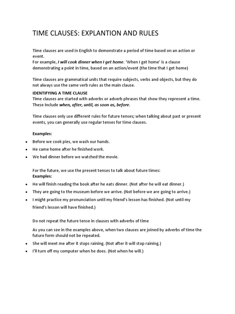 Time Clauses: Explanation and Rules | PDF | Language Arts & Discipline
