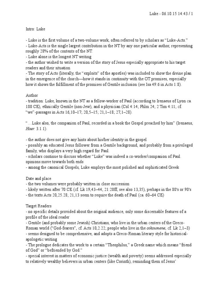 Luke Intro | PDF | Gospel Of Luke | Acts Of The Apostles