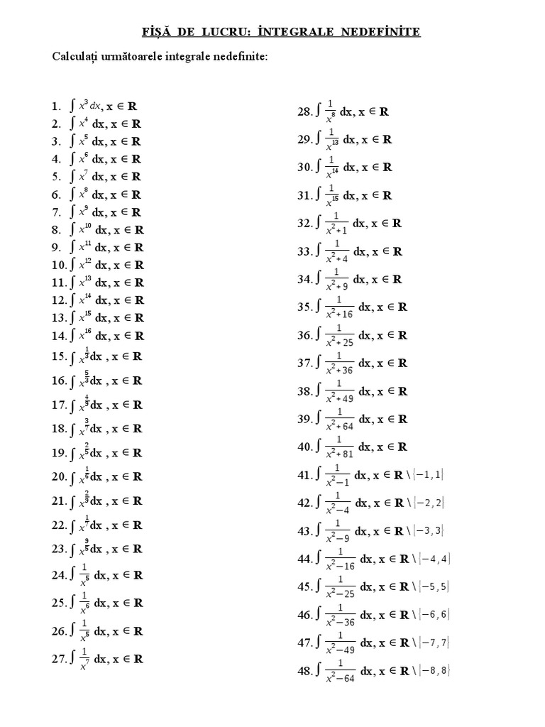 Fisa de Lucru-Integrale Nedefinite - Formule Directe | PDF