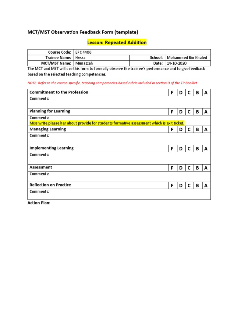 MCT/MST Observation Feedback Form (Template) Lesson: Repeated Addition ...