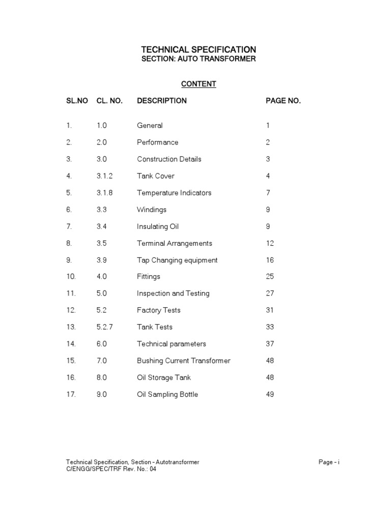 Auto Transformer Technical Specification | PDF | Transformer | Switch