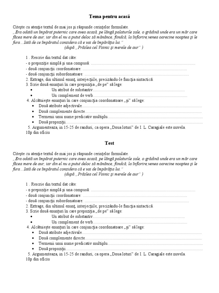 Test Prepozitia Conjunctia Interjectia | PDF