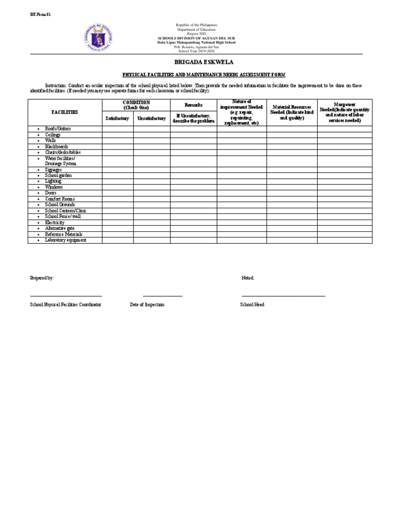 BE Form 1 PHYSICAL FACILITIES AND MAINTENANCE NEEDS ASSESSMENT FORM 1 ...