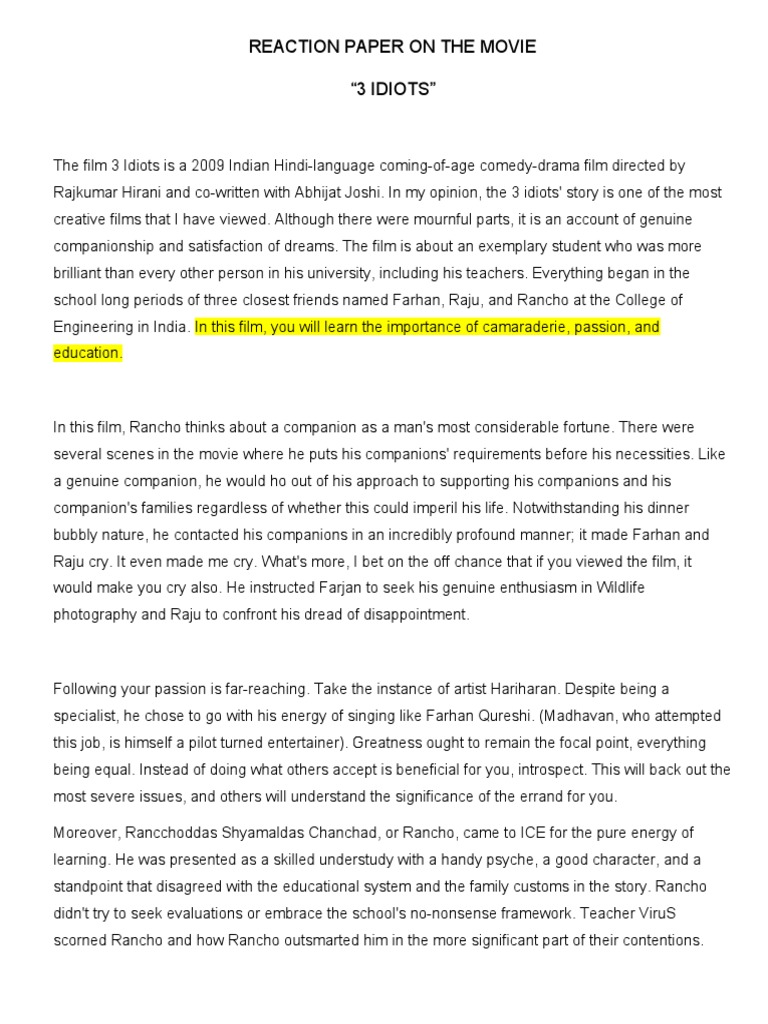 Reaction Paper On The Movie "3 Idiots" | PDF