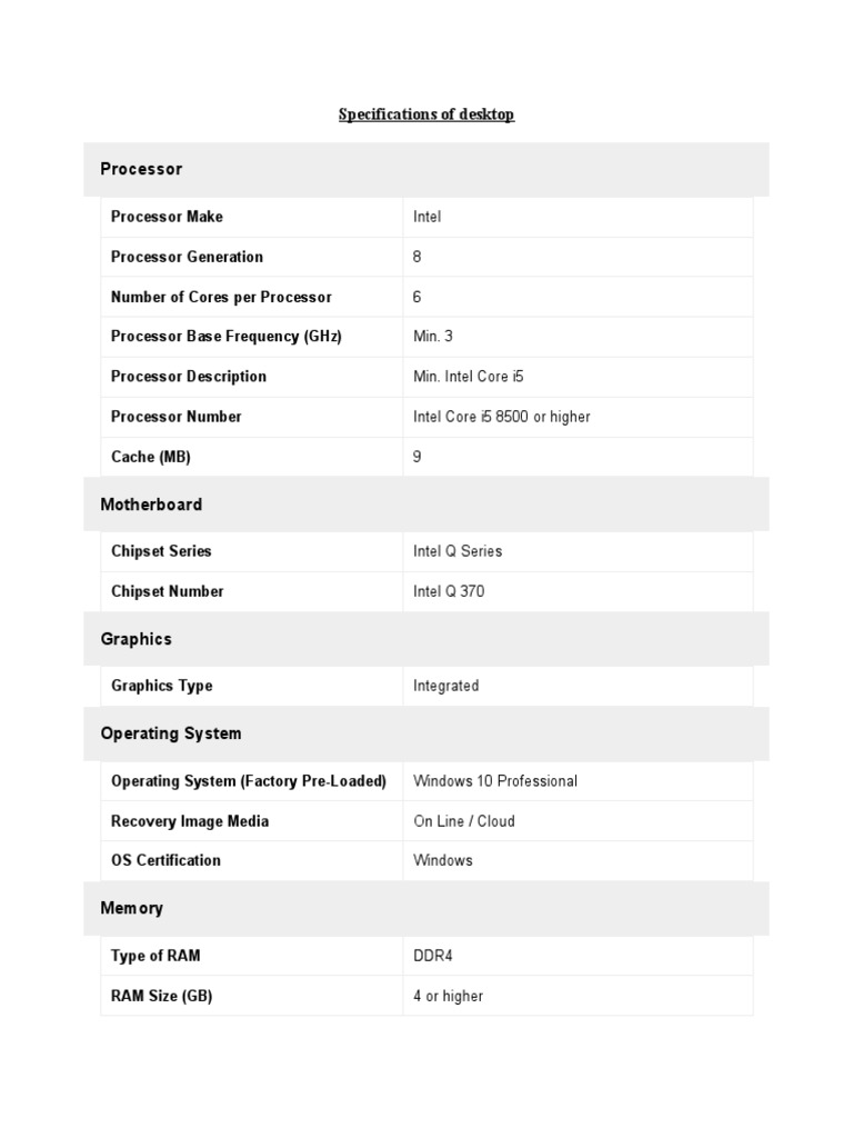 Specifications of Desktop | PDF