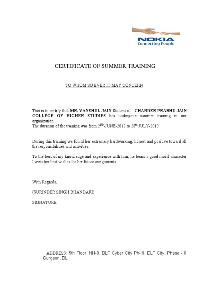 Summer Training Certificate for Vanshul Jain | PDF