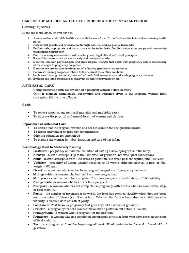 Care of The Mother and The Fetus During The Perinatal Period | PDF ...