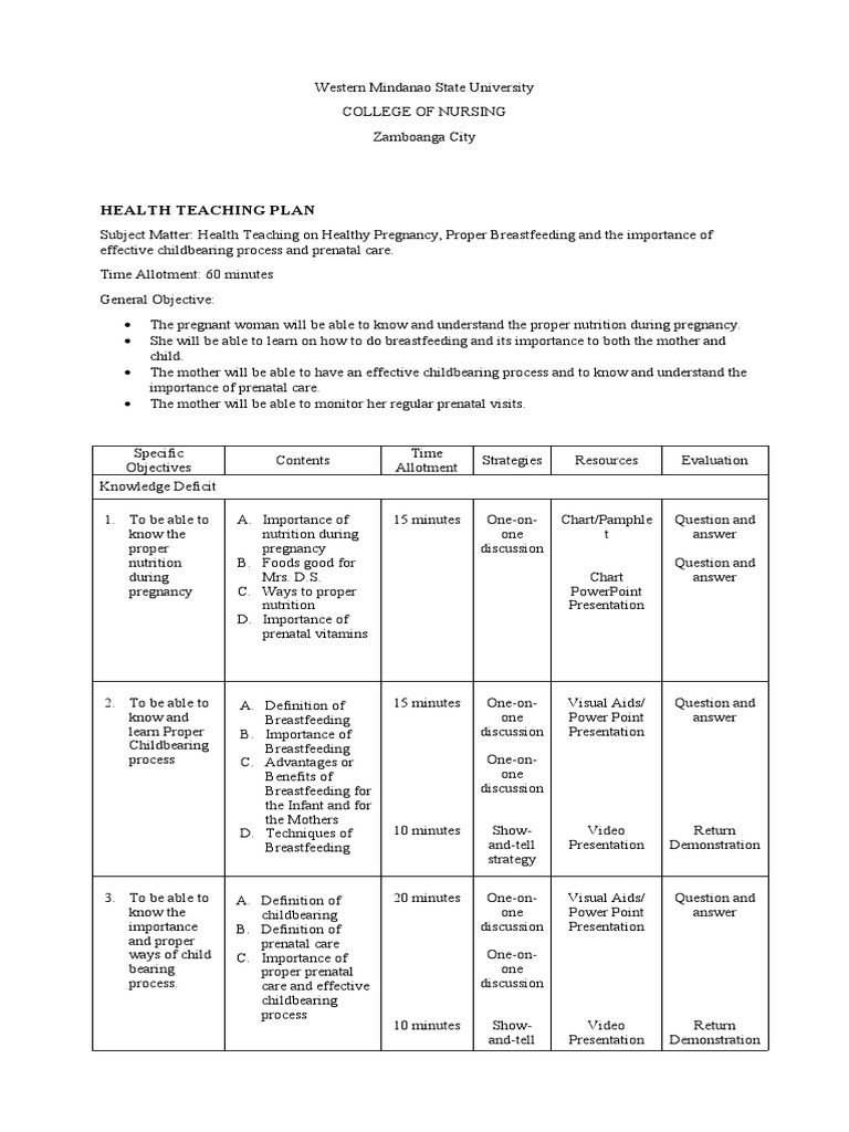Health Teaching Plan | PDF | Pregnancy | Breastfeeding