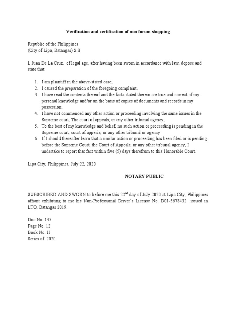 Verification and Certification of Non Forum Shopping | PDF