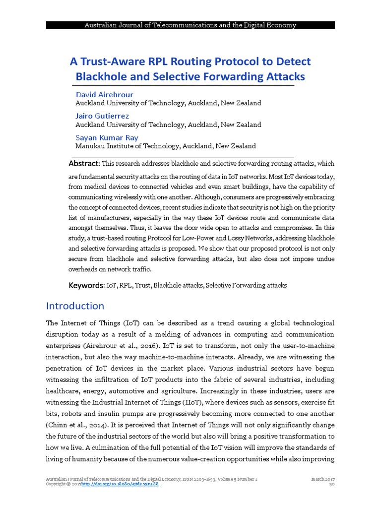 A Trust-Aware RPL Routing Protocol To Detect Blackhole and Selective Forwarding Attacks | PDF ...