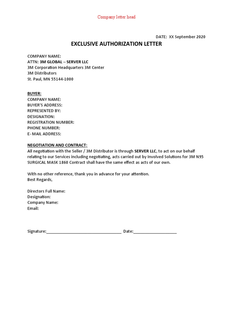 Exclusive Authorization Letter for 3M | PDF